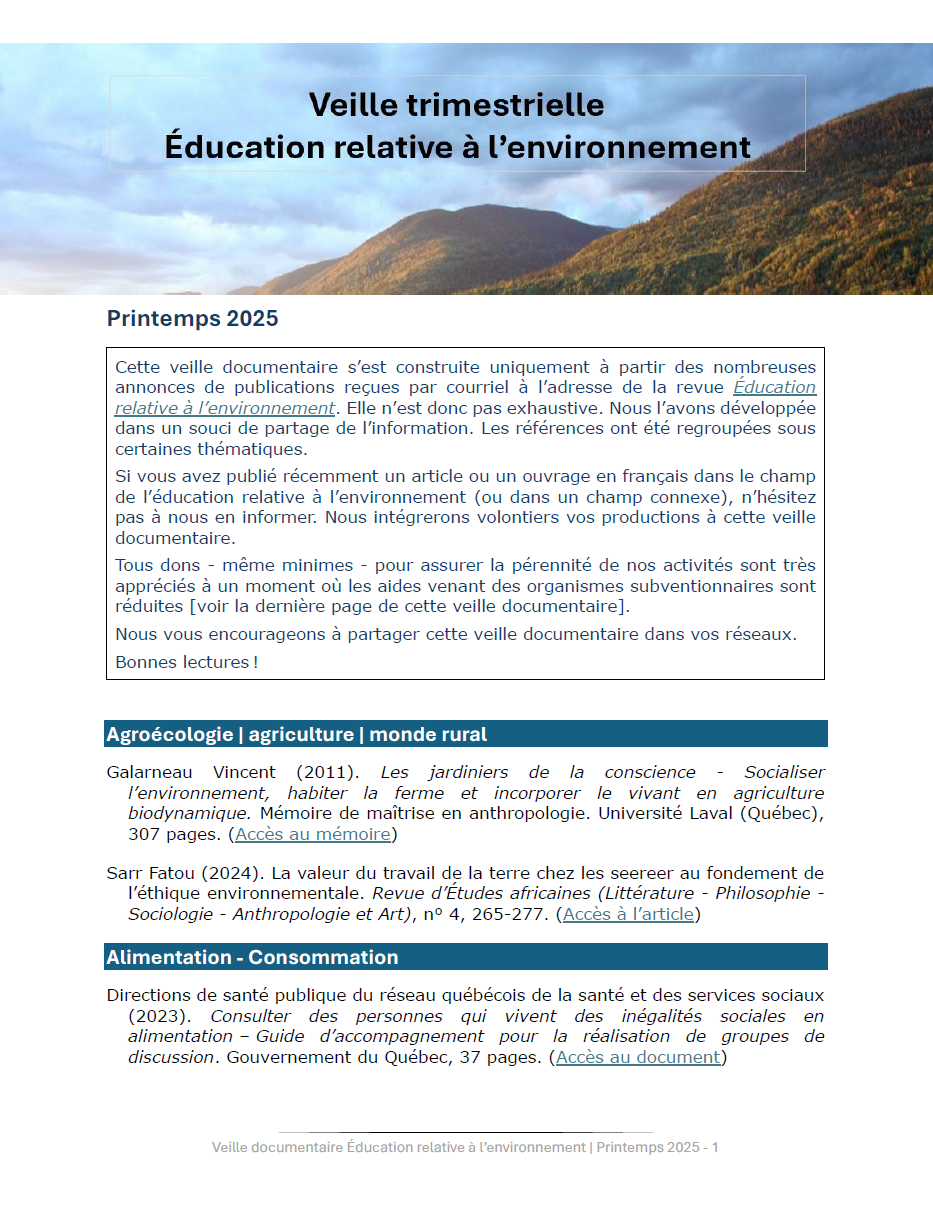 Veille trimestrielle Éducation relative à l'environnement - FRENE